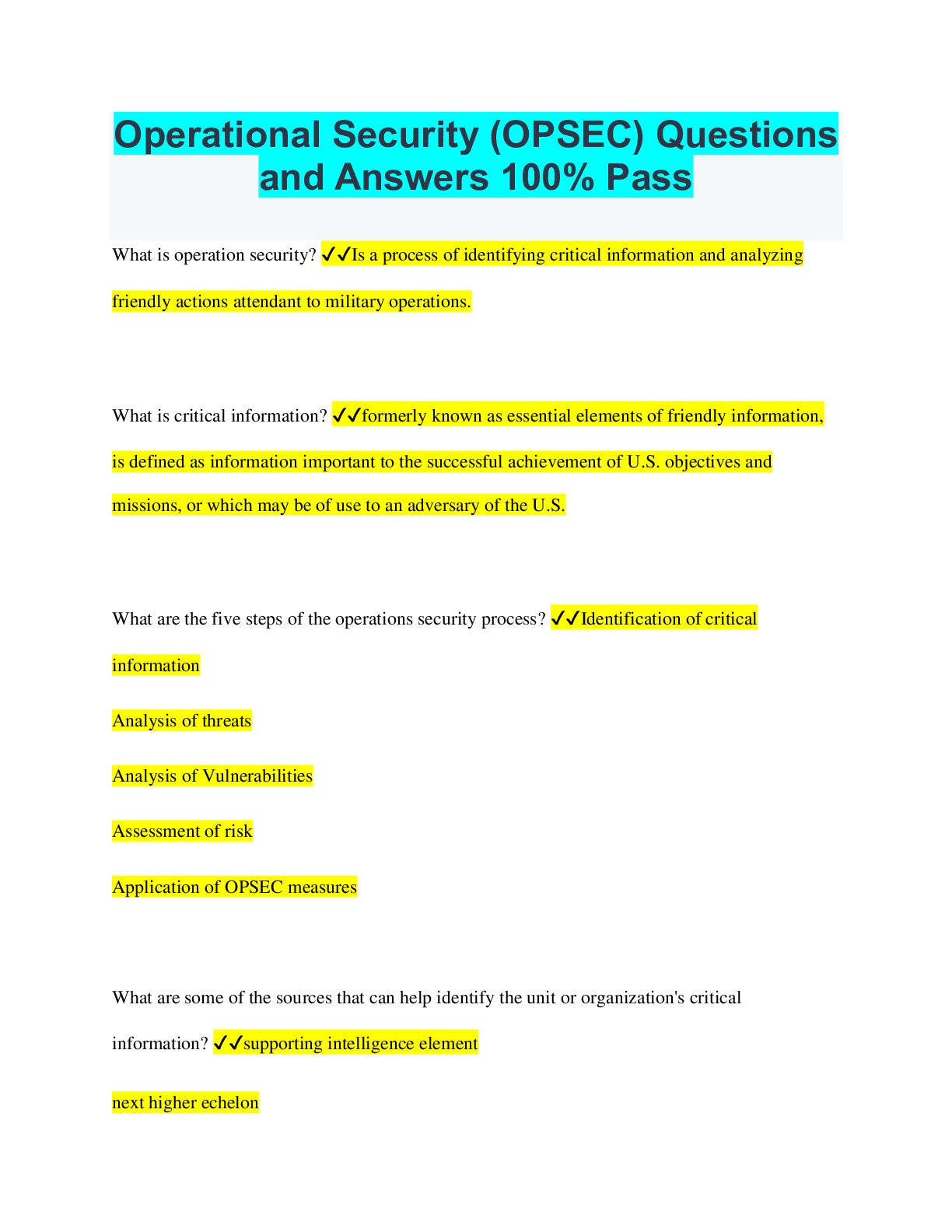 Operational Security (OPSEC) Questions and Answers 100% Pass ...