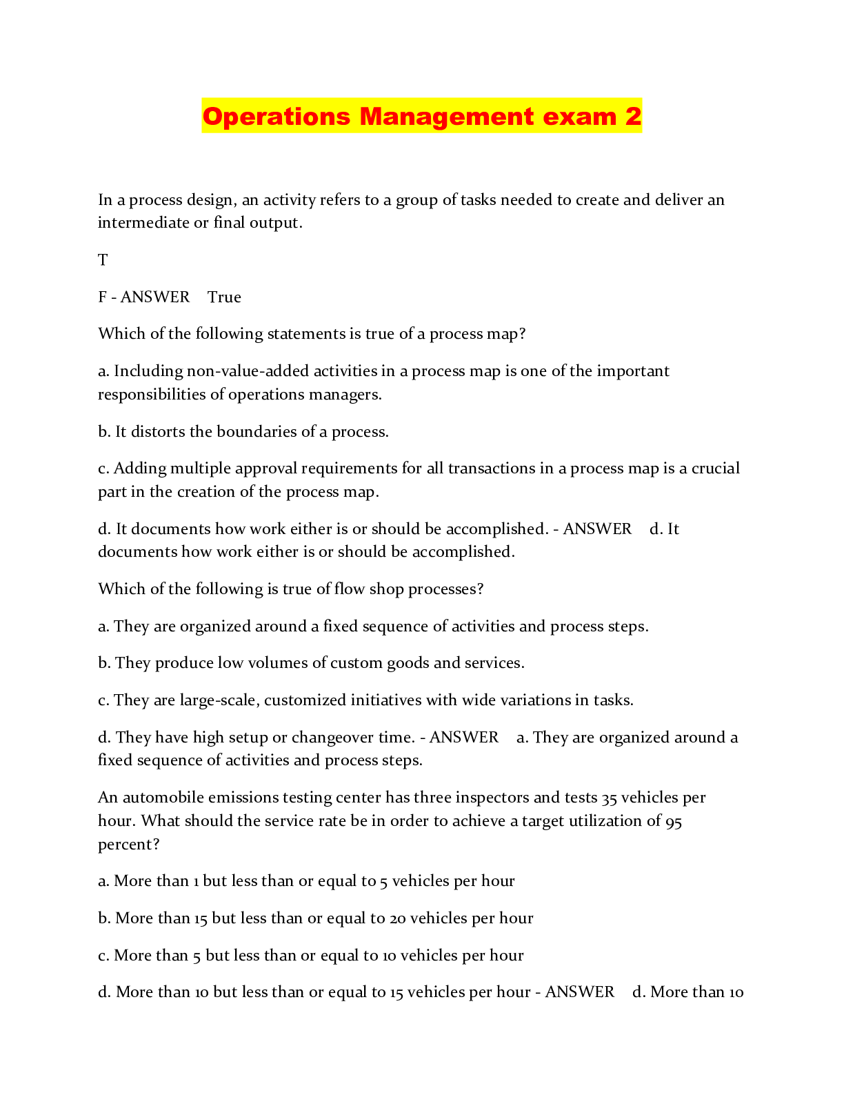 Operations Management exam 2 – Scholarfriends - Scholarfriends