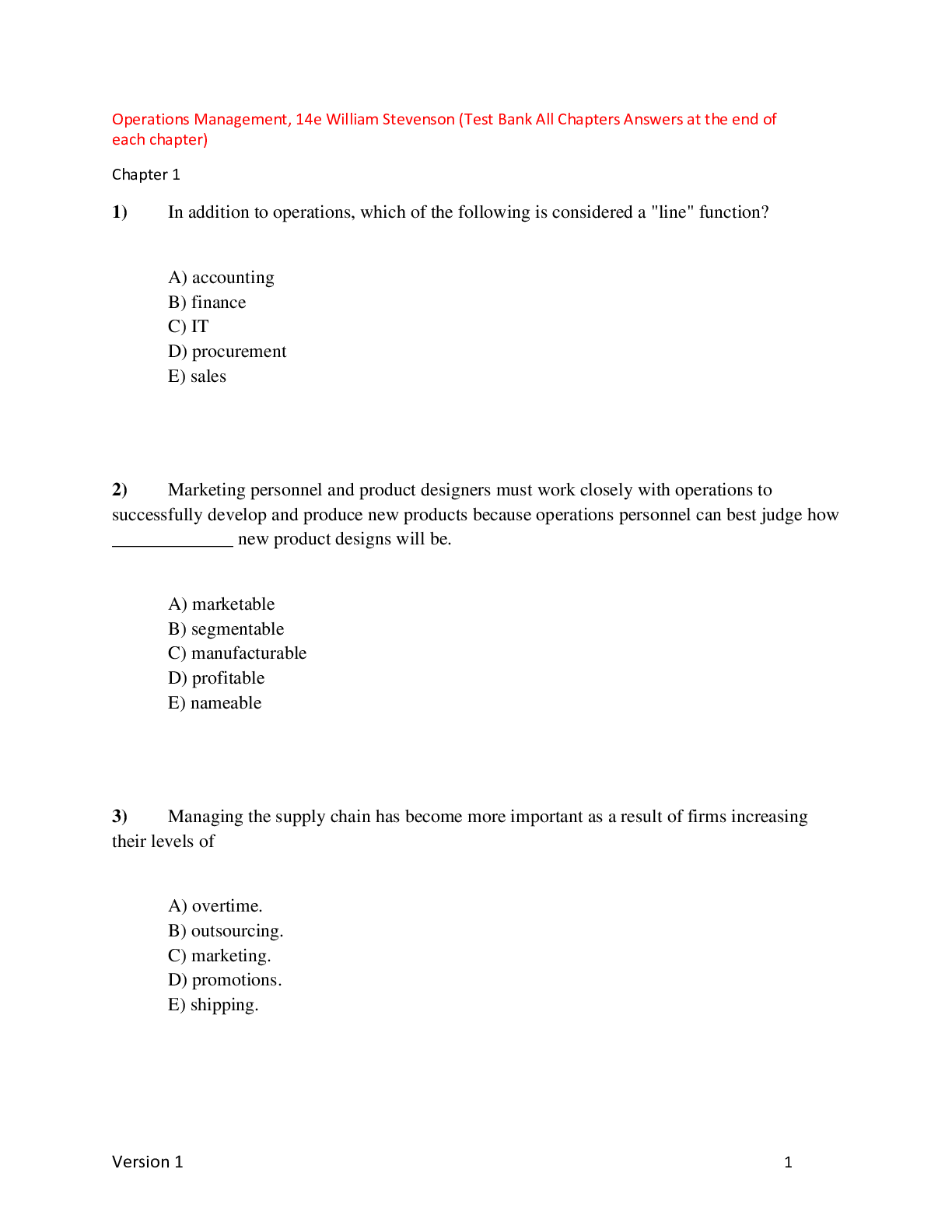 Operations Management, 14e William Stevenson (Test Bank) - Scholarfriends