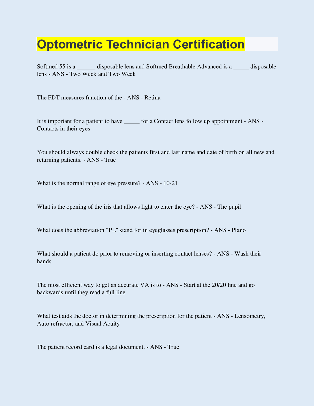 Optometric Technician Certification | 130 Questions with 100% Correct ...