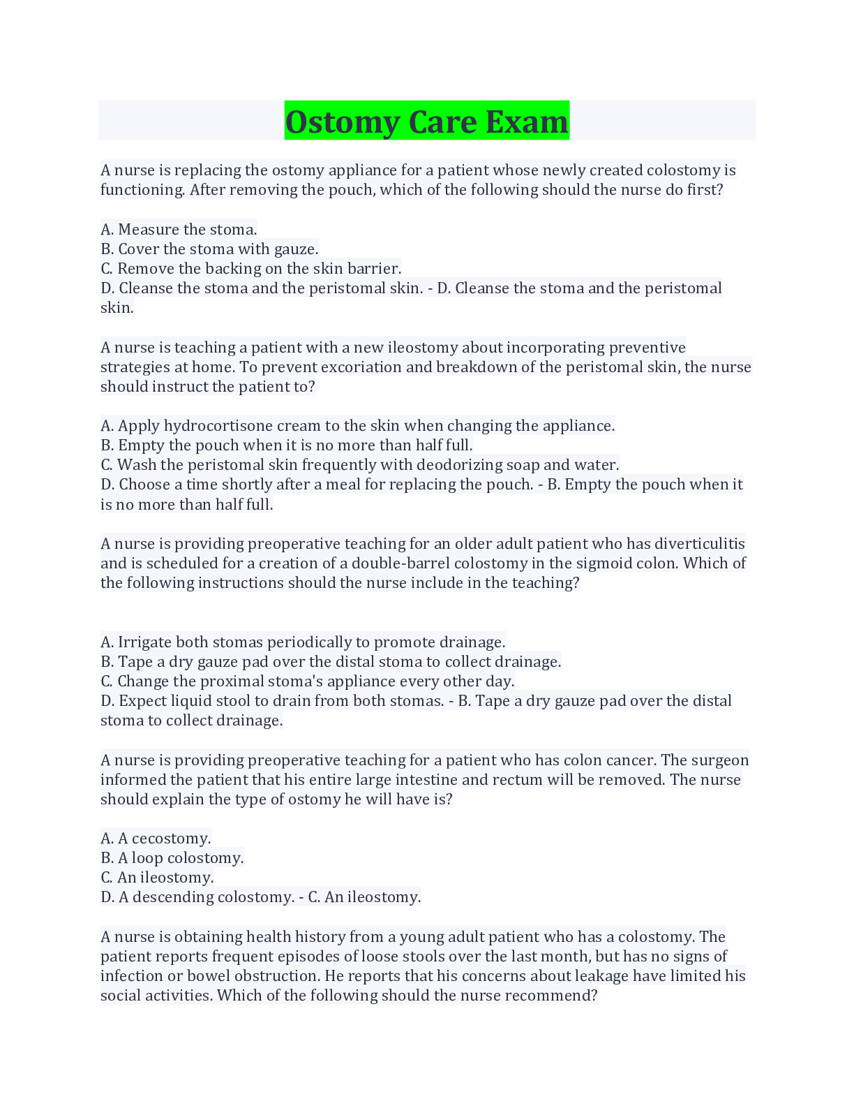 Ostomy Care Exam Questions And Answers - Scholarfriends