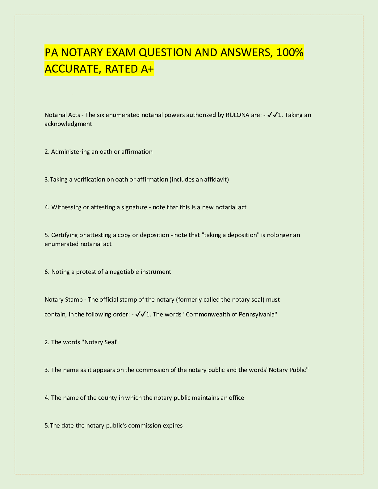 PA NOTARY EXAM QUESTION AND ANSWERS, 100% ACCURATE, RATED A ...