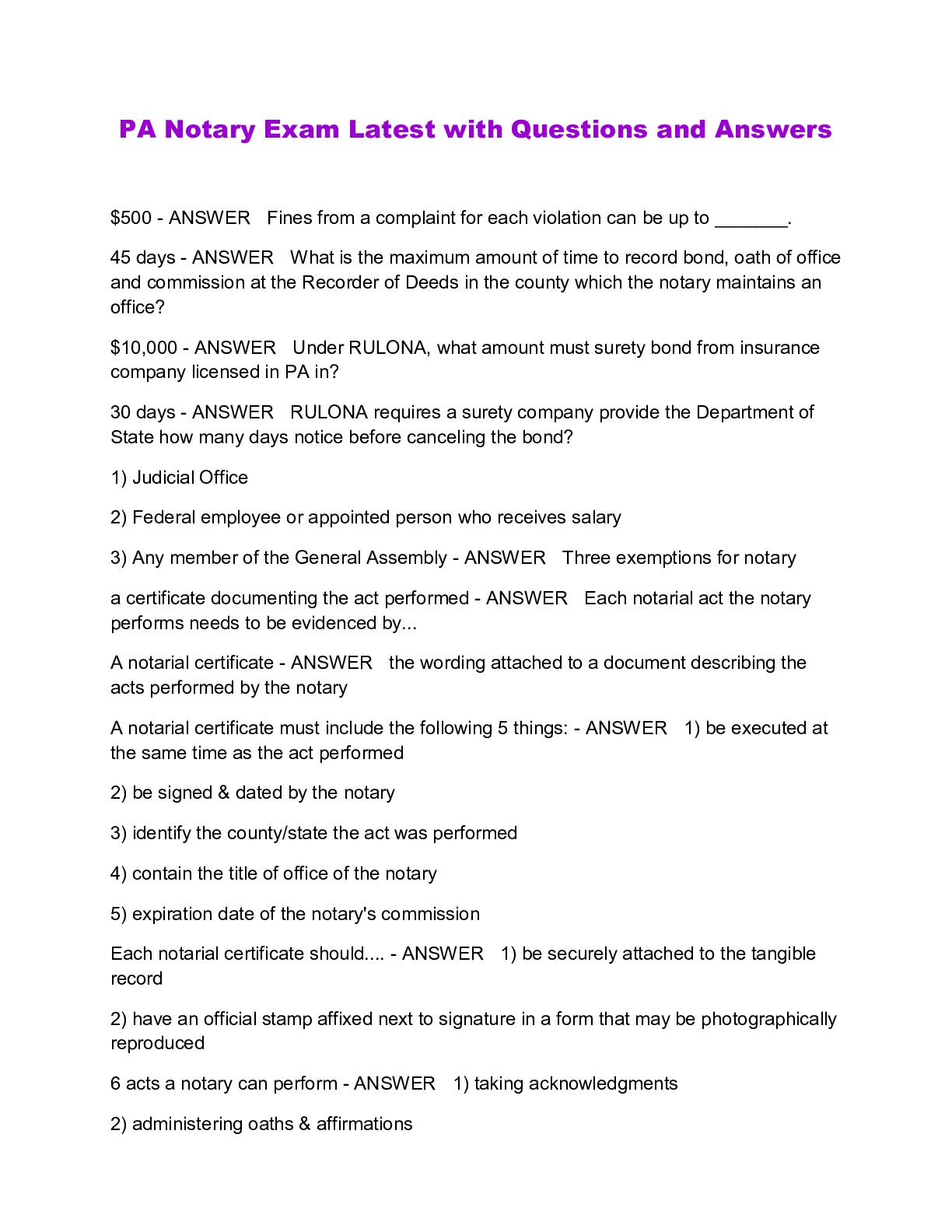 PA Notary Exam Latest with Questions and Answers - Scholarfriends