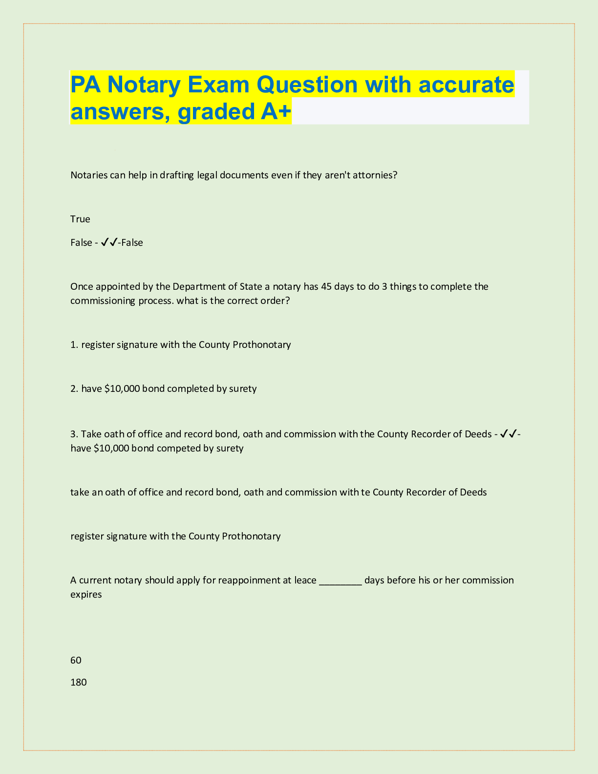 PA Notary Exam Question with accurate answers, graded A+ - Scholarfriends