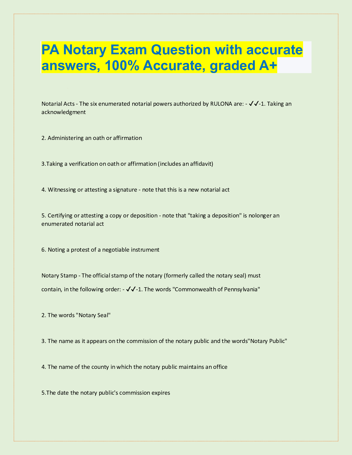 PA Notary Exam Question with accurate answers, 100% Accurate, graded A+ ...