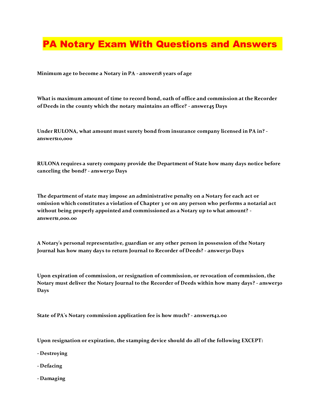 PA Notary Exam With Questions and Answers - Scholarfriends