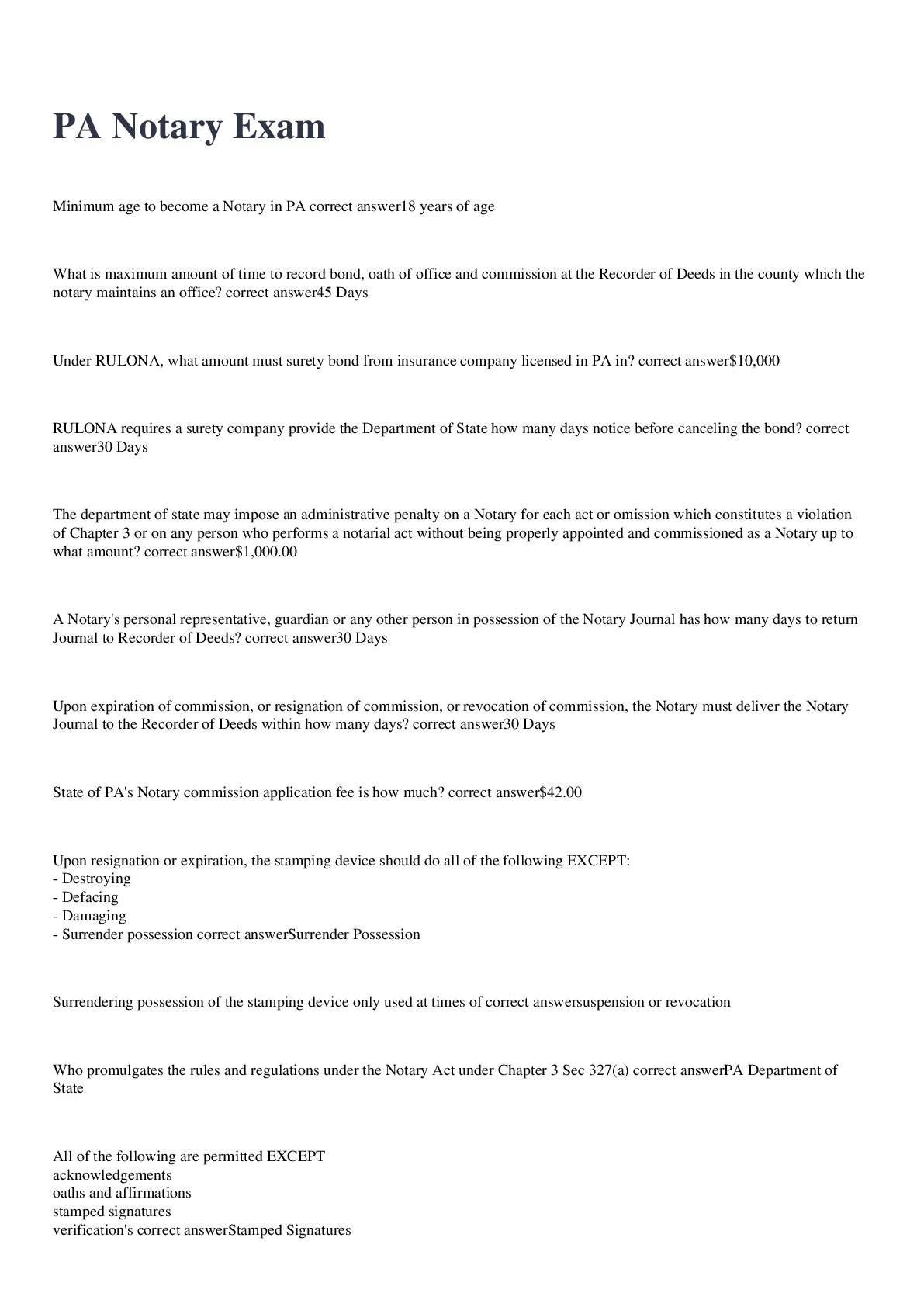 PA Notary Exam - State Test Questions with Correct Answers Graded A+ ...
