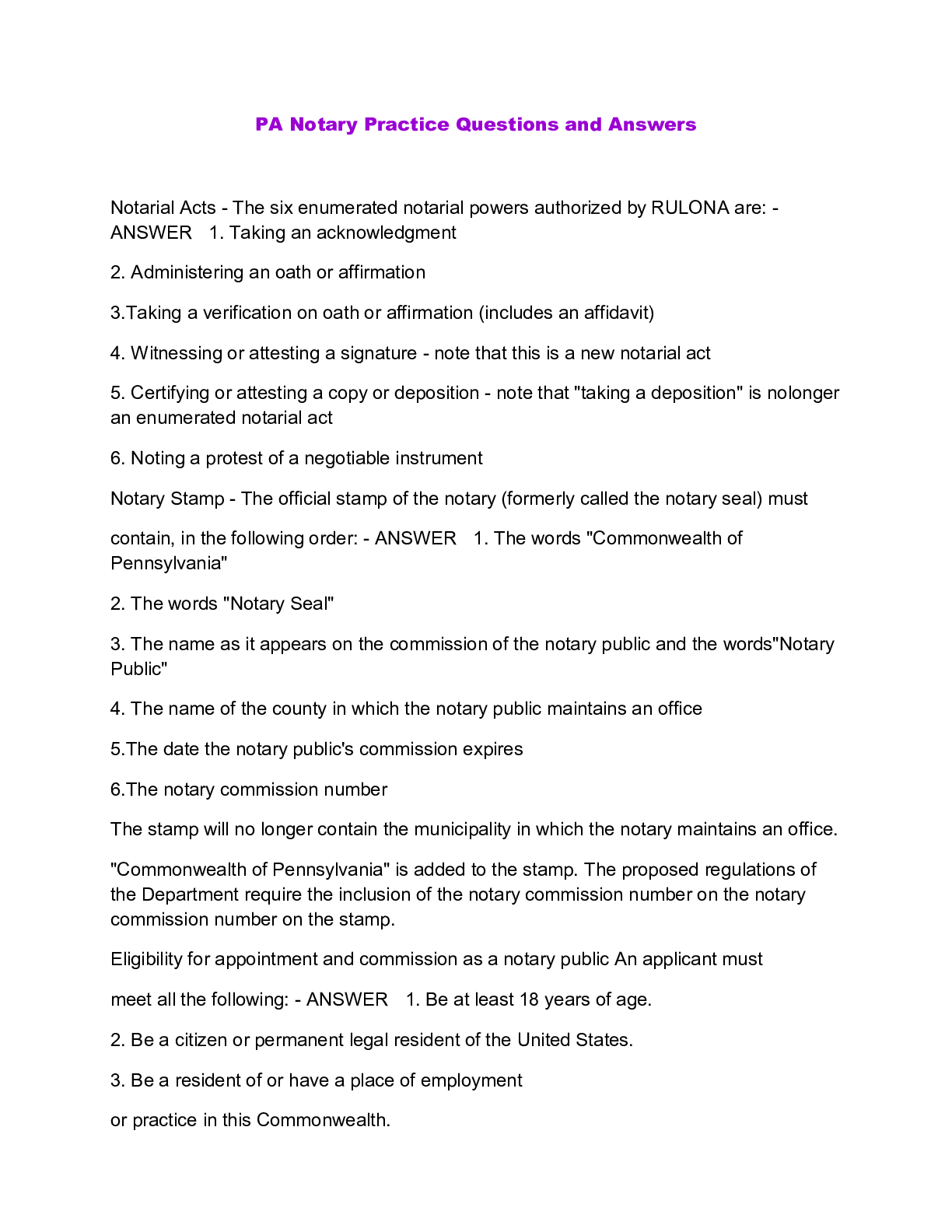 PA Notary Practice Questions and Answers - Scholarfriends