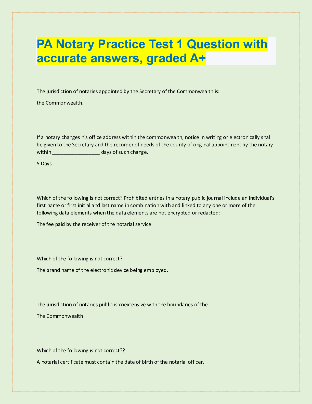 PA Notary Practice Test 1 Question with accurate answers, graded A+ ...