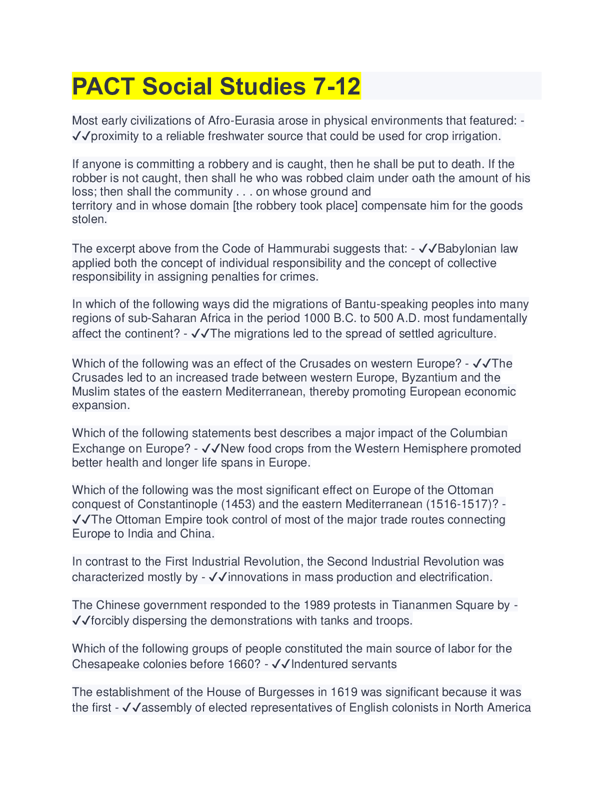 PACT Social Studies 7-12 | 48 Questions with 100% Correct Answers ...