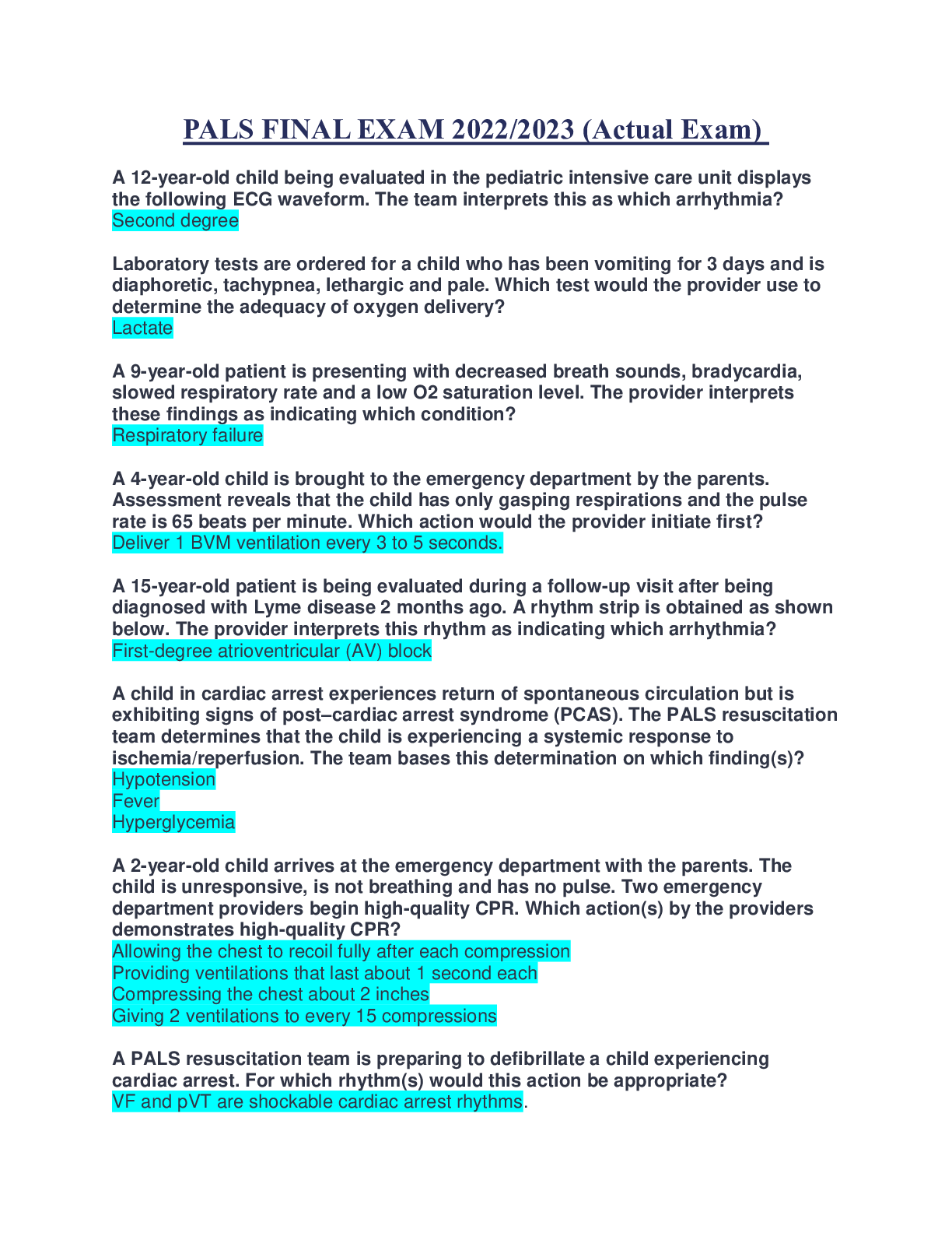 PALS FINAL EXAM 2022/2023 (Actual Exam) (50 VERIFIED Q & A) 100% ...