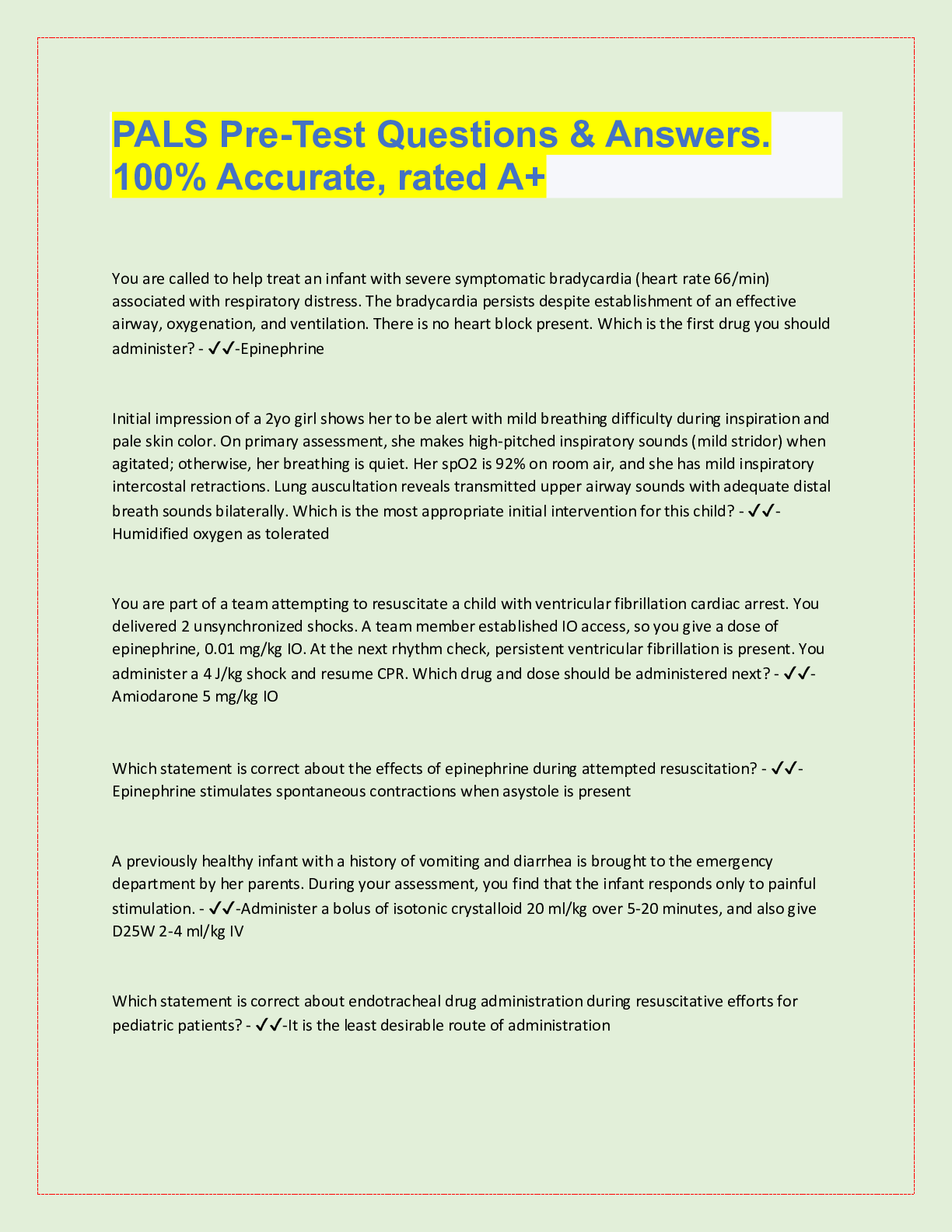 PALS Pre-Test Questions & Answers. 100% Accurate, rated A+ - Scholarfriends