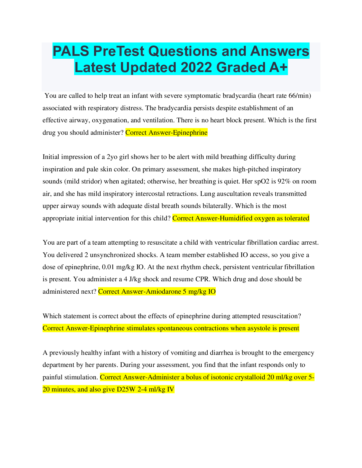 PALS PreTest Questions and Answers Latest Updated 2022 Graded A+ ...