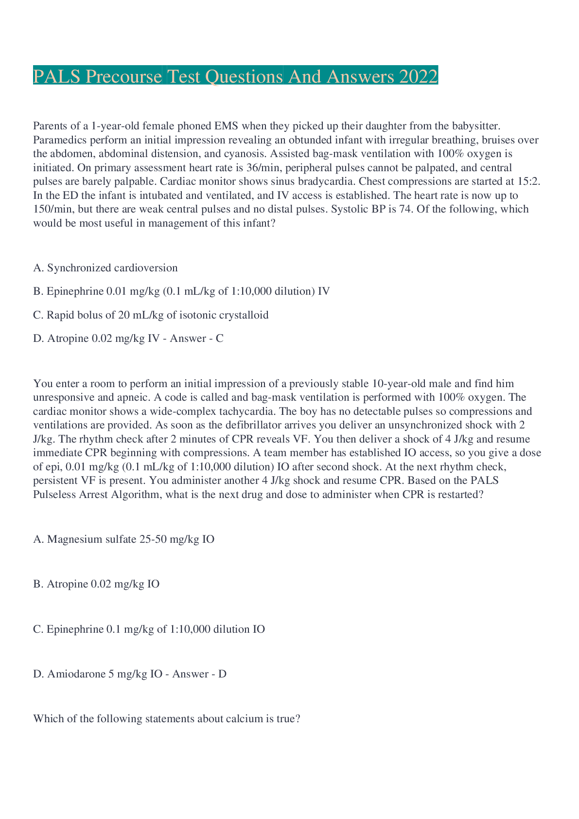 PALS Precourse Test Questions And Answers 2022/2023 - Scholarfriends