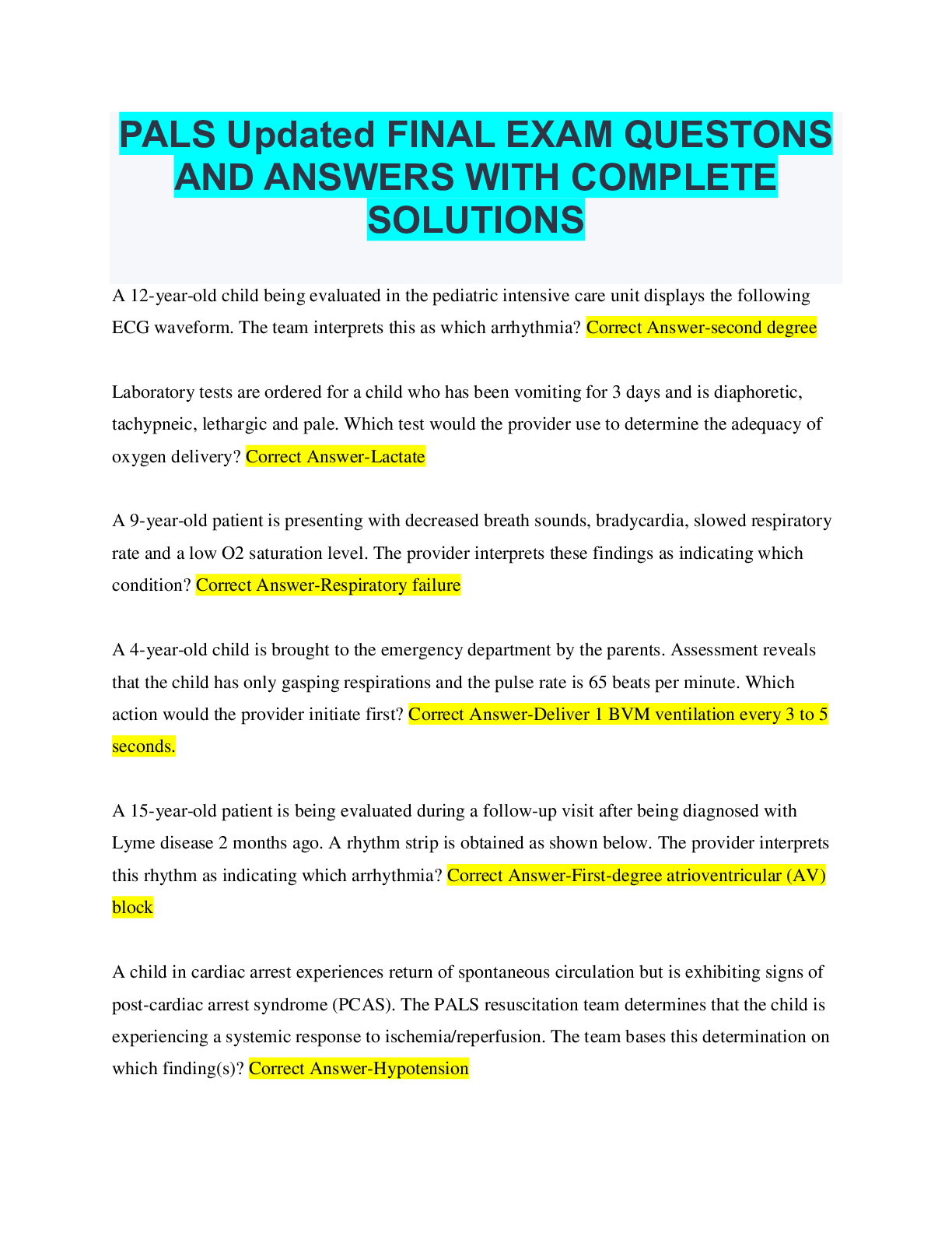 PALS Updated FINAL EXAM QUESTONS AND ANSWERS WITH COMPLETE SOLUTIONS ...