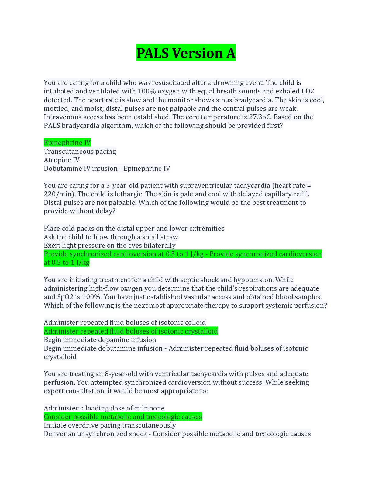 PALS Version A Questions And Answers Latest Update/ Download ...