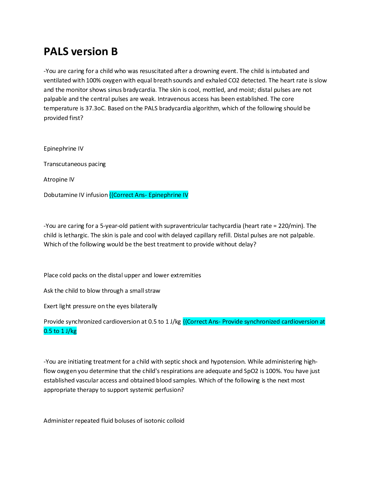 PALS version B Pediatric Advanced Life Support Questions And Answers ...