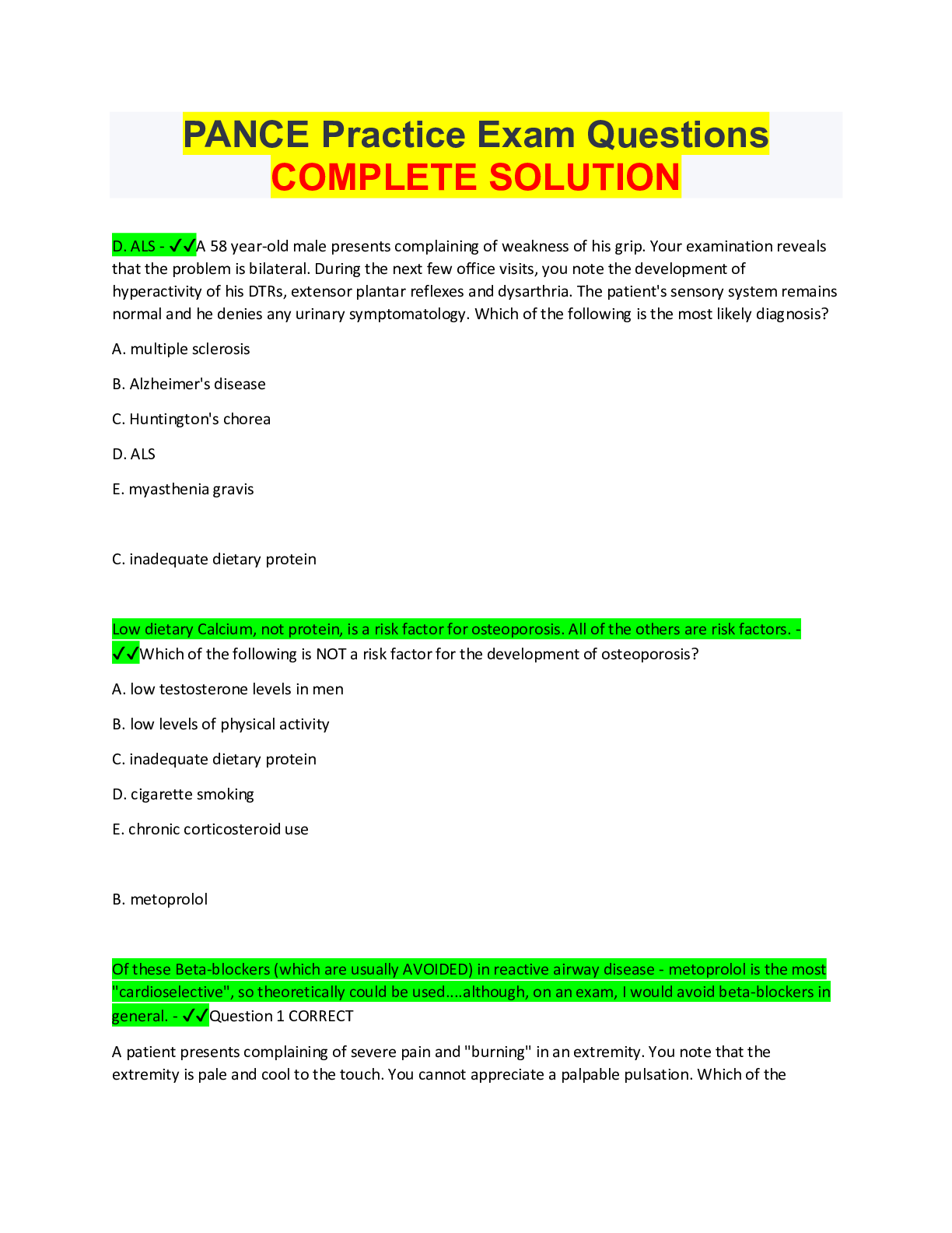 PANCE Practice Exam Questions COMPLETE SOLUTION - Scholarfriends