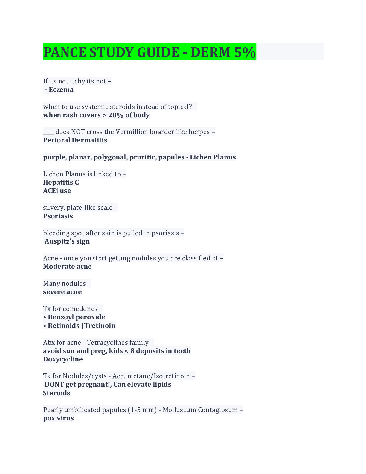 PANCE STUDY GUIDE - DERM 5% (QUESTIONS AND ANSWERS) - Scholarfriends