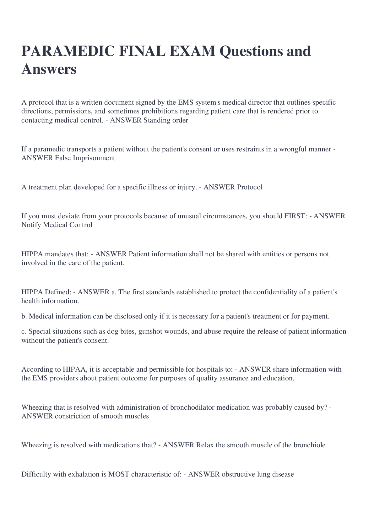 PARAMEDIC FINAL EXAM Questions and Answers - Scholarfriends