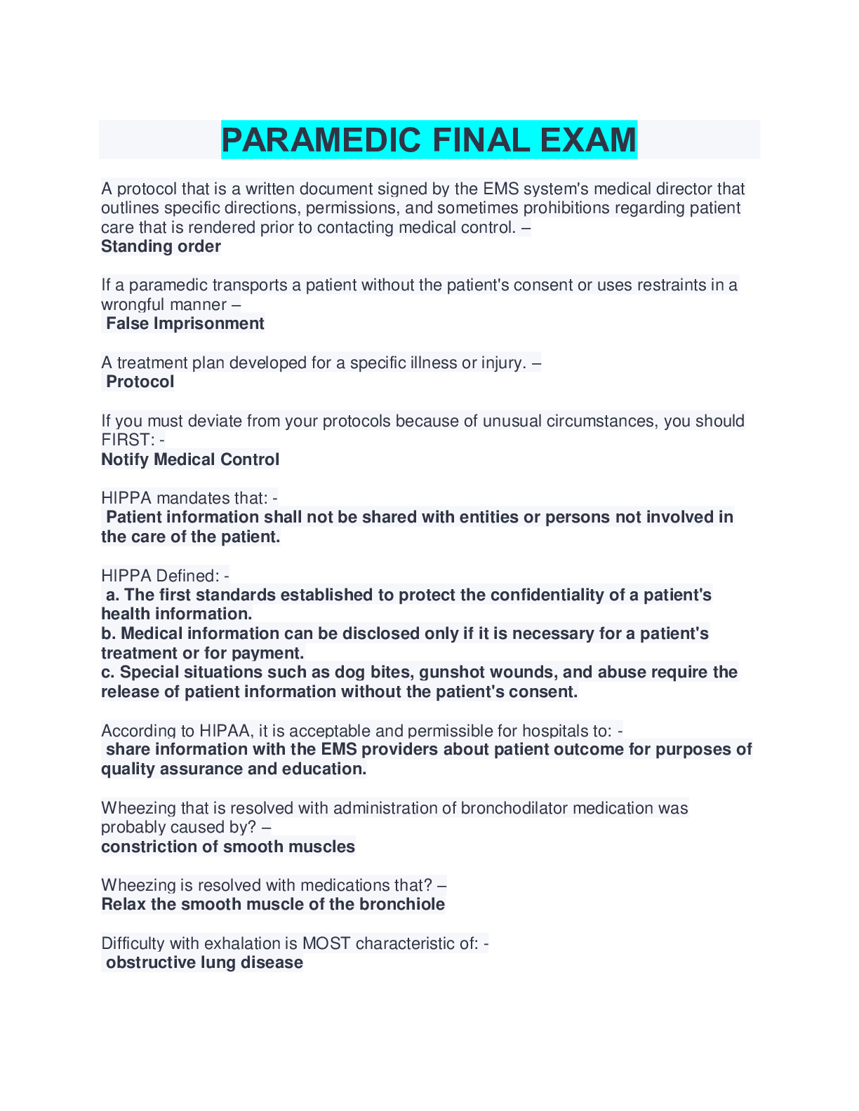 PARAMEDIC FINAL EXAM QUESTIONS AND ANSWERS( WITH COMPLETE TOP SOLUTION ...