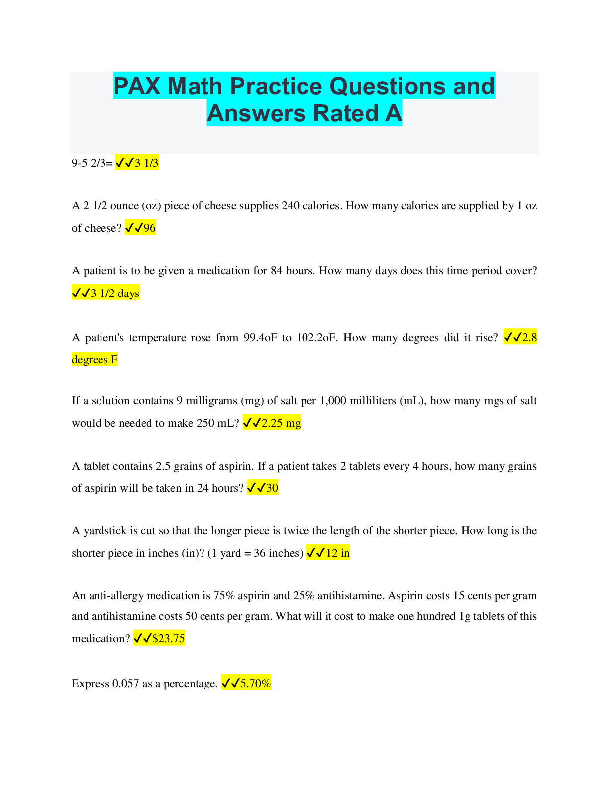 PAX Math Practice Questions and Answers Rated A - Scholarfriends