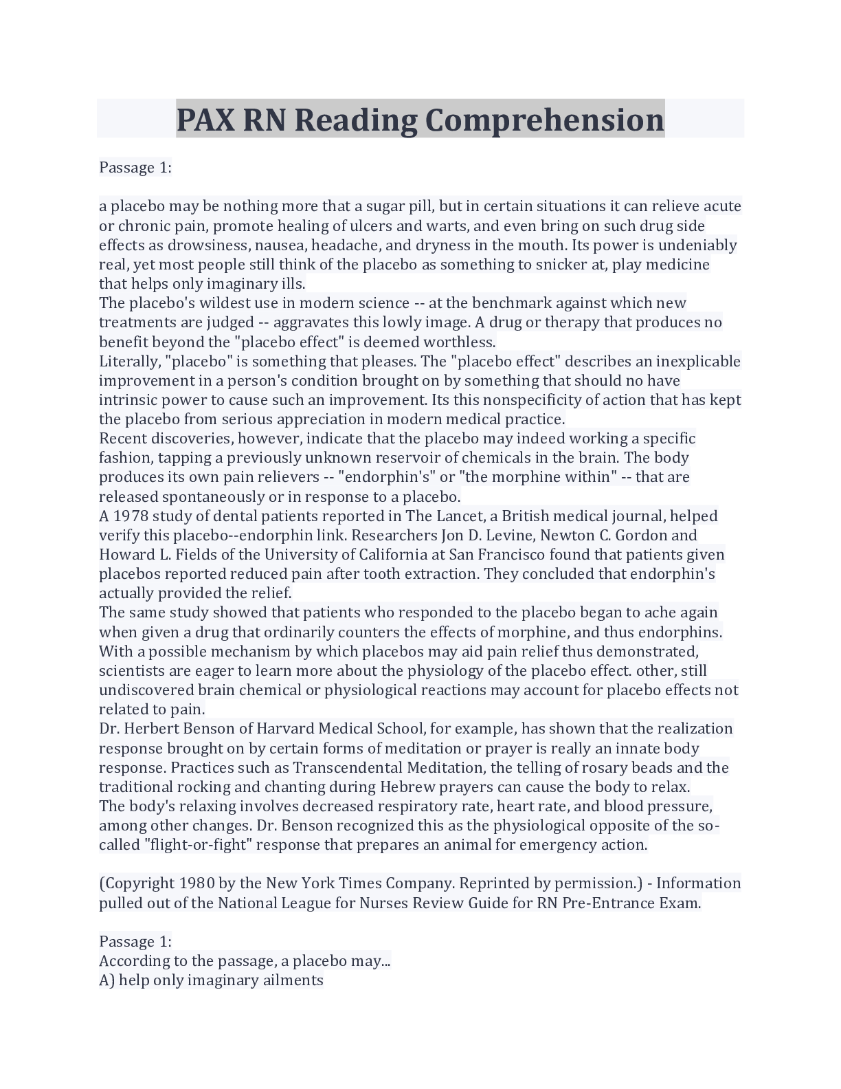 PAX RN Reading Comprehension 100% Correct - Scholarfriends