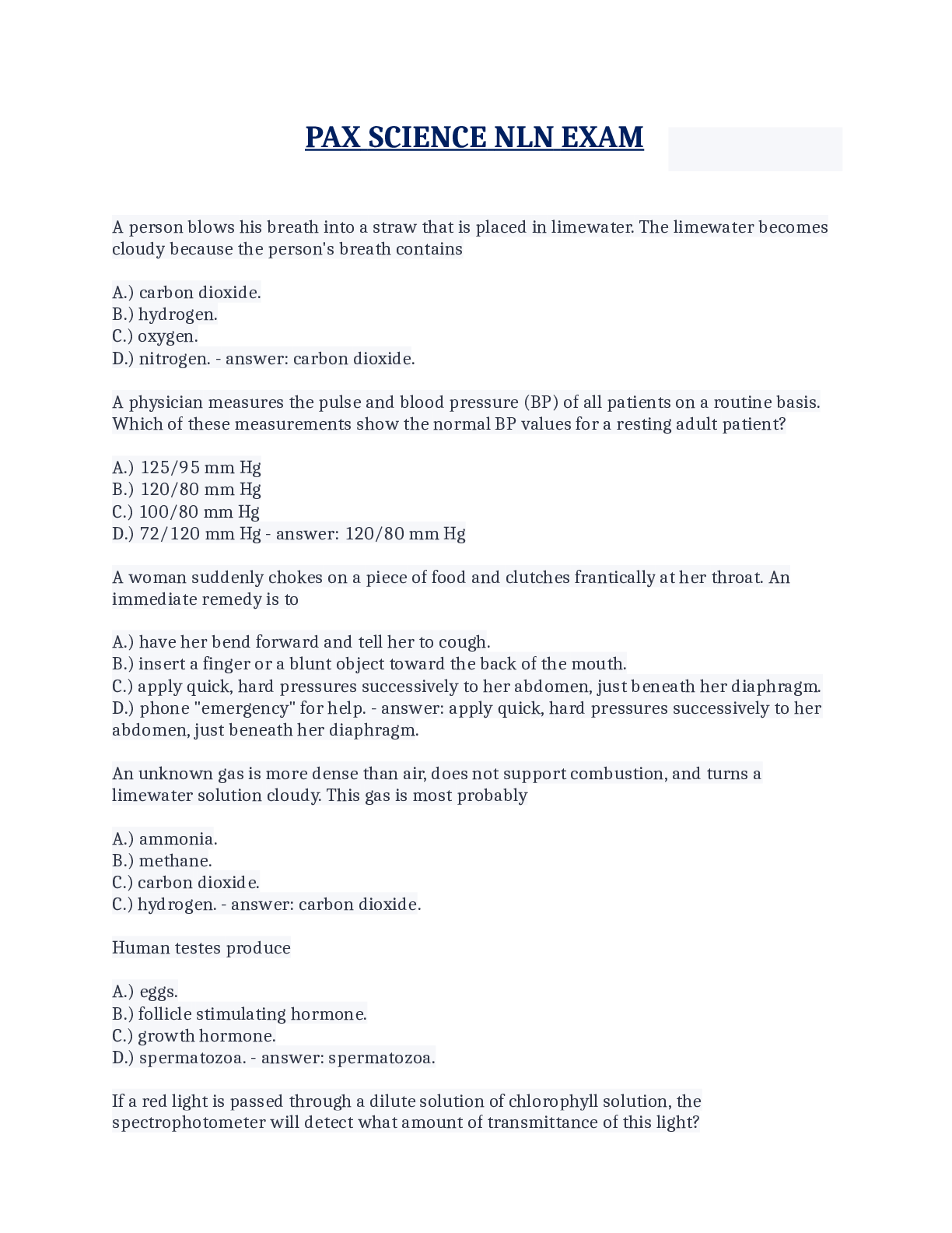 PAX Science NLN Exams collection (answered) 2022/2023. - Scholarfriends