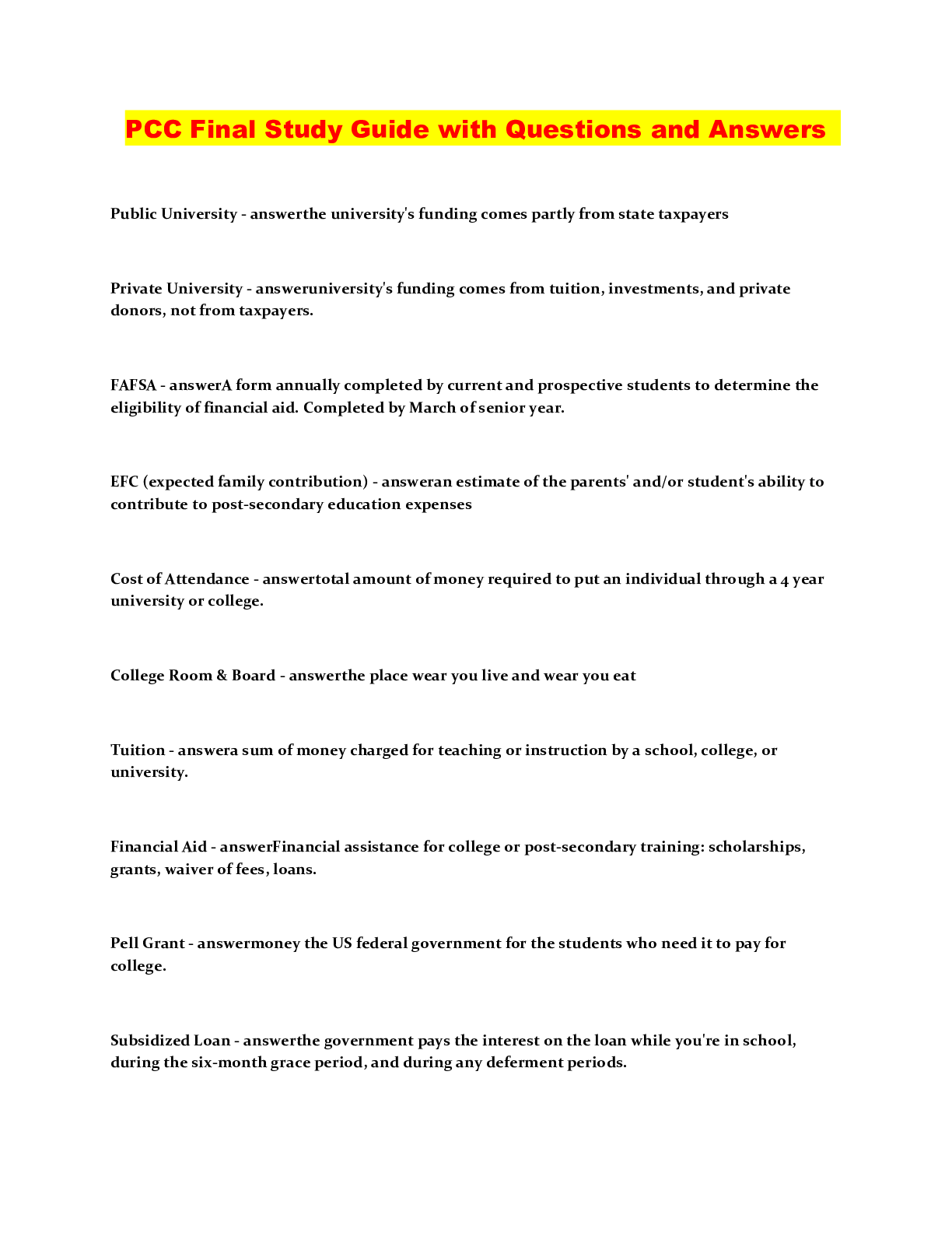 PCC Final Study Guide with Questions and Answers - Scholarfriends