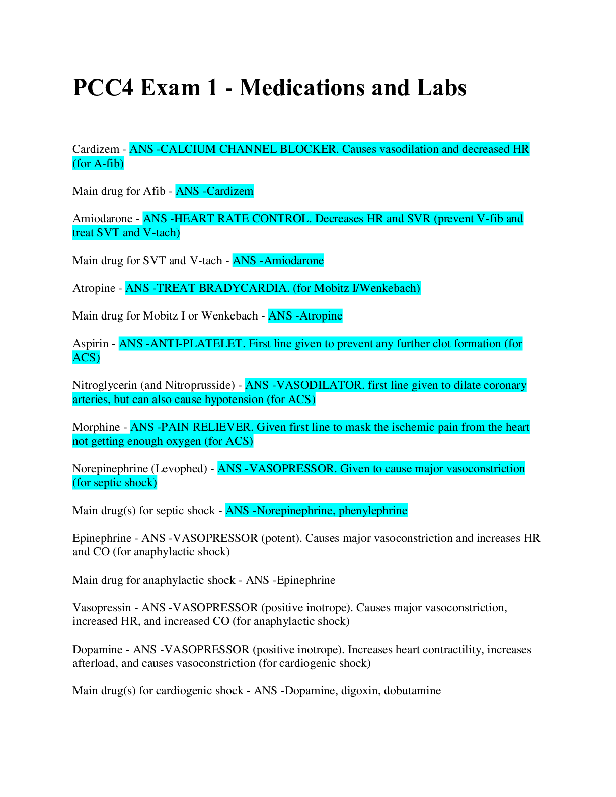PCC4 Exam 1 / Medications and Labs / 100% ACCURATE ANSWERS - Scholarfriends