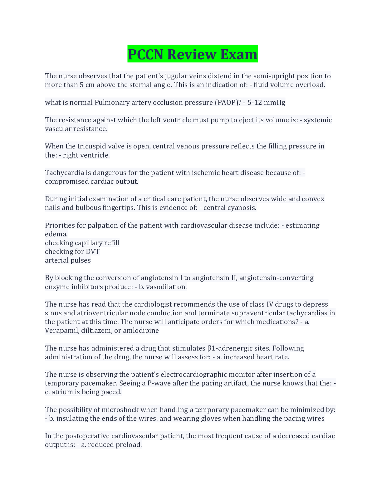 PCCN Review Exam Questions And Answers With Complete Solution ...