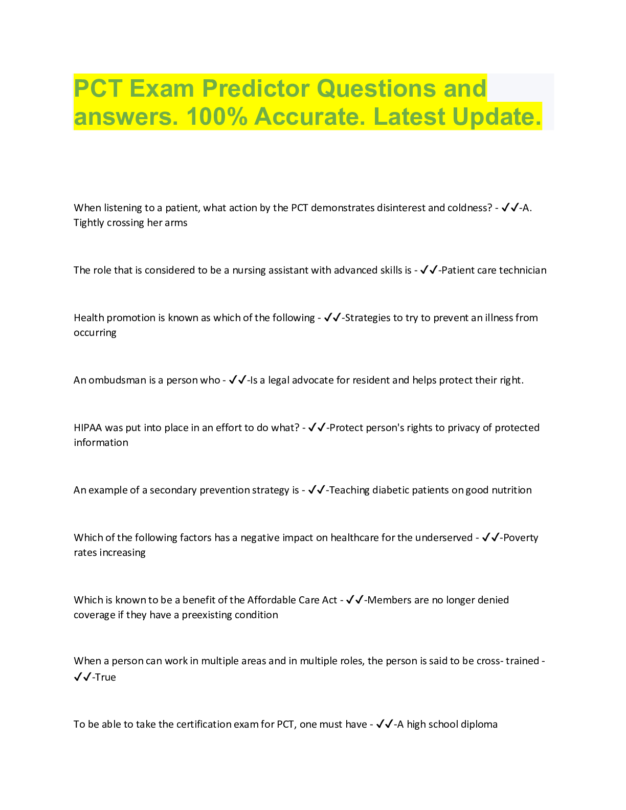 PCT Exam Predictor Questions and answers. 100% Accurate. Latest Update ...