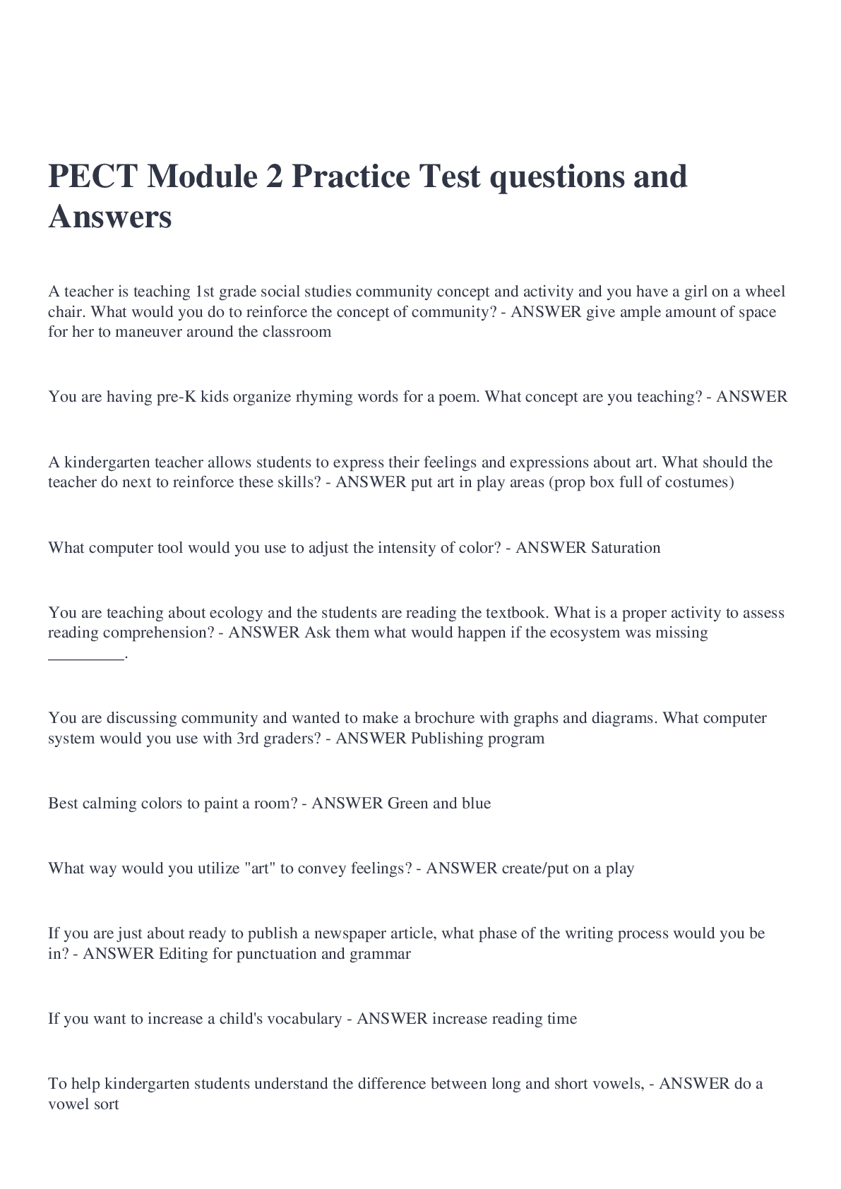 PECT Module 2 Practice Test questions and Answers - Scholarfriends