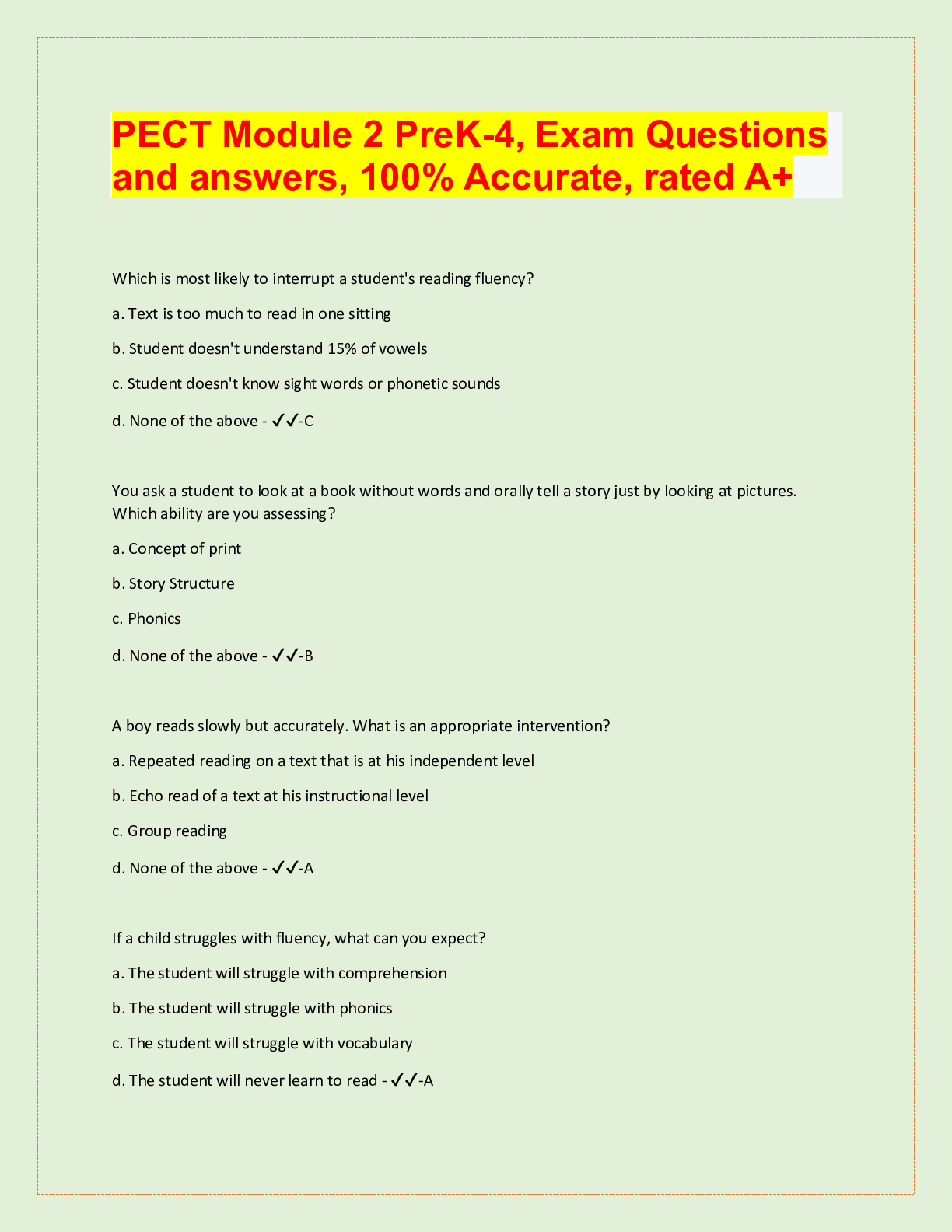 PECT Module 2 PreK-4 Questions And Answers 2022/2023 - Scholarfriends