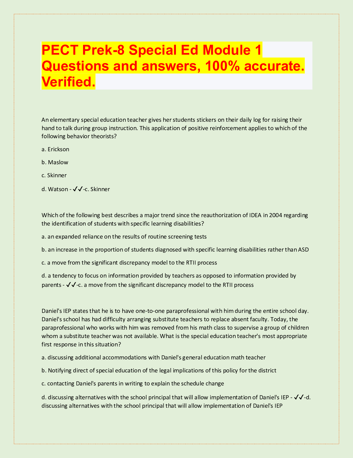 PECT Prek-8 Special Ed Module 1 Questions and answers, 100% accurate ...