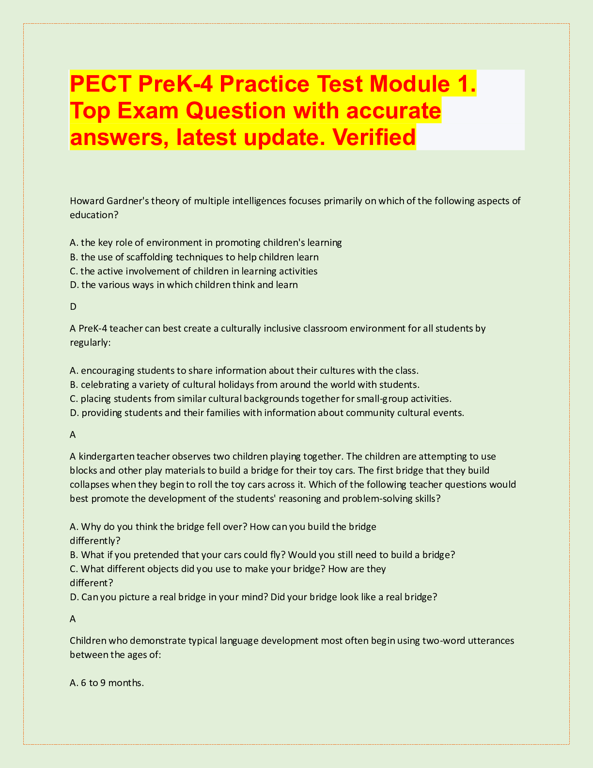 PECT PREK-4 ALL MODULES QUESTIONS WITH CORRECT ANSWERS - Scholarfriends