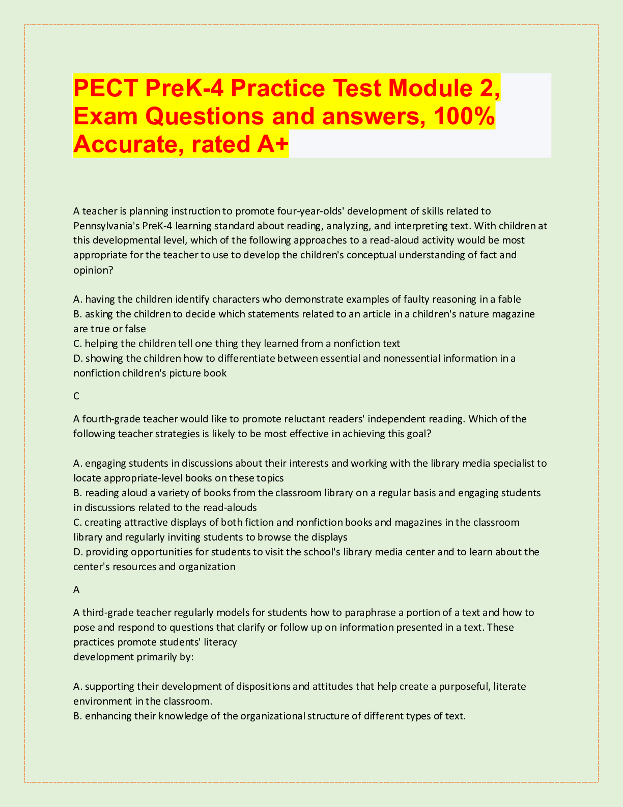 PECT PreK-4 Practice Test Module 2, Exam Questions and answers, 100% ...