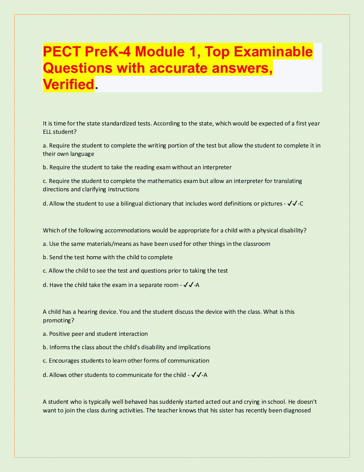 PECT PreK-4 Practice Test Module 2 Exams test - Scholarfriends