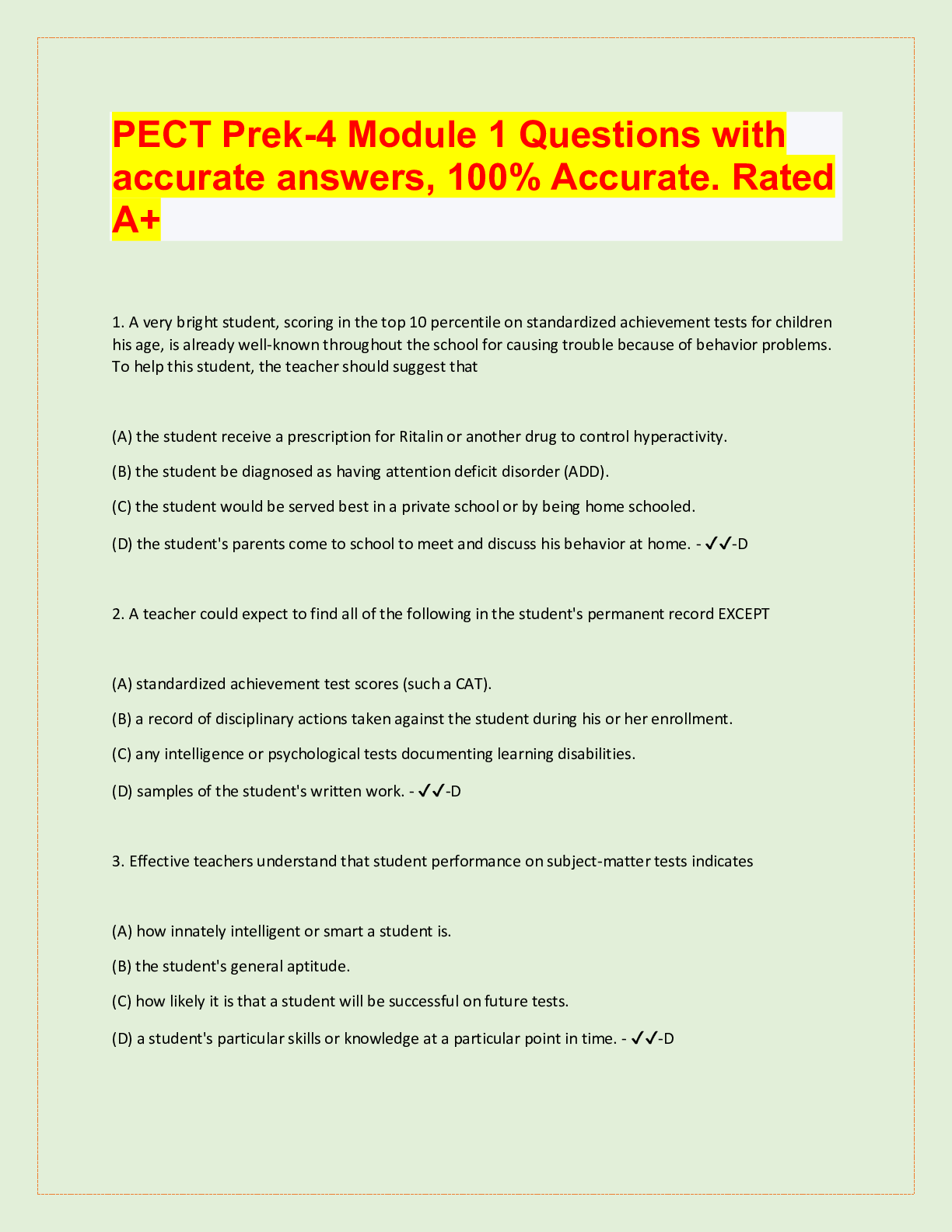 PECT Prek-4 Module 1 Questions with accurate answers, 100% Accurate ...
