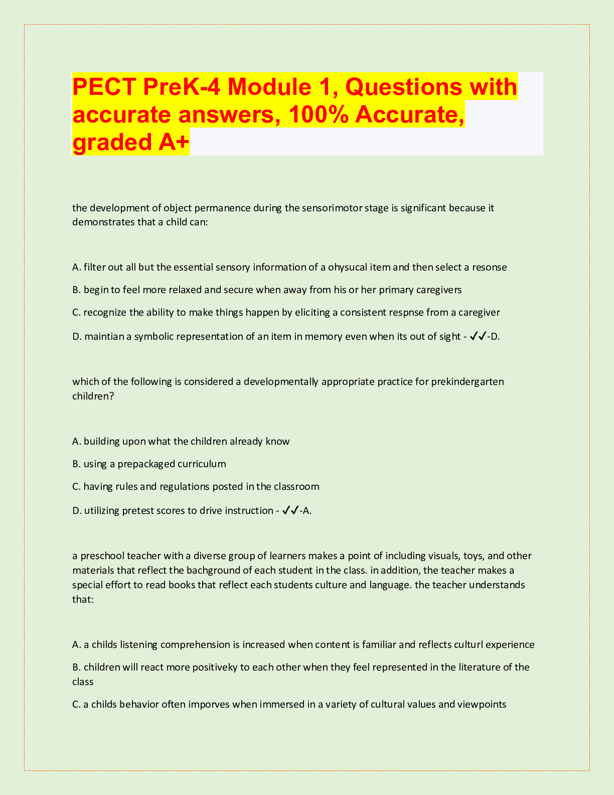 PECT PreK-4 Module 1, Questions with accurate answers, 100% Accurate ...