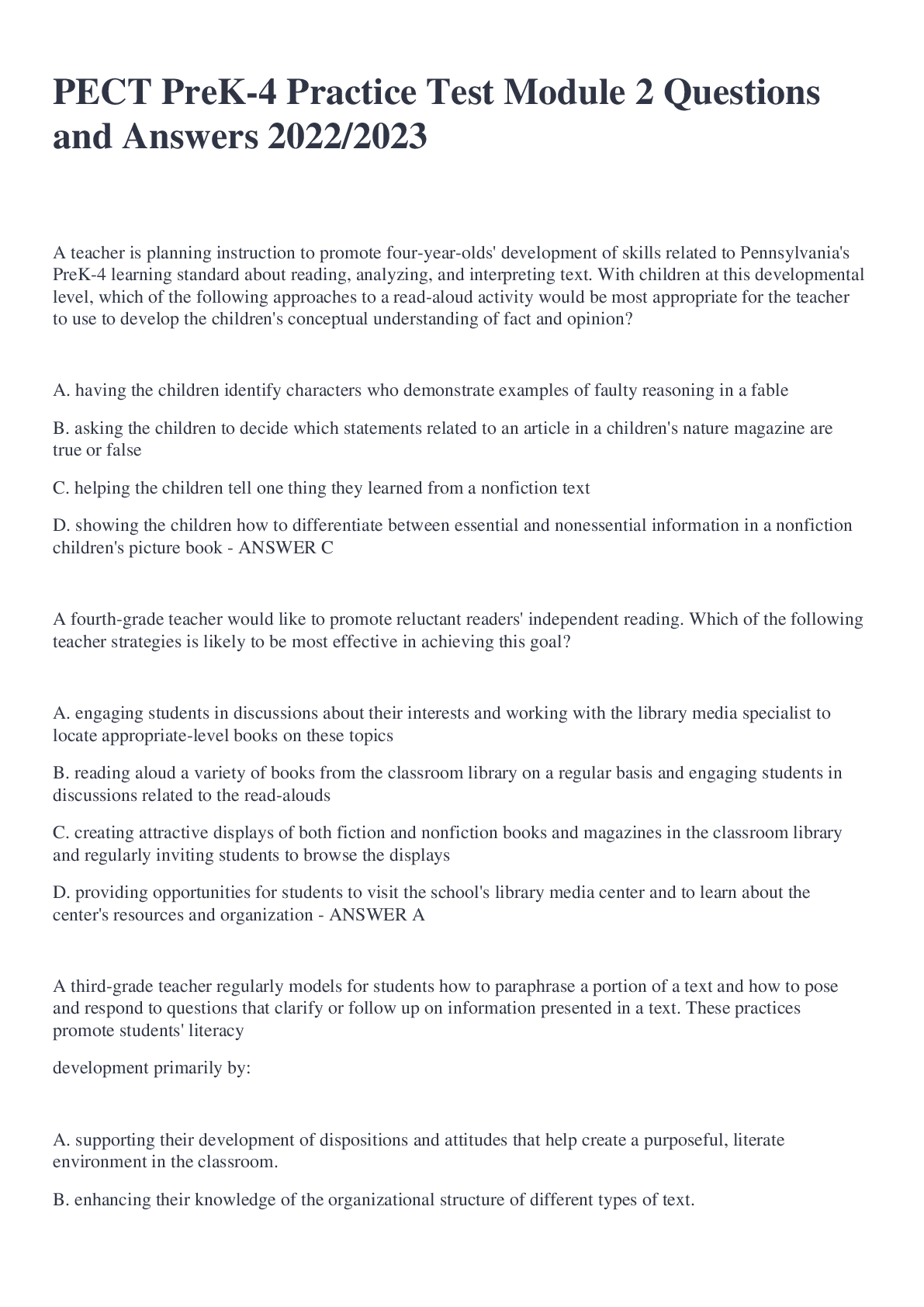 PECT PreK-4 Practice Test Module 2 Questions and Answers 2022/2023 ...