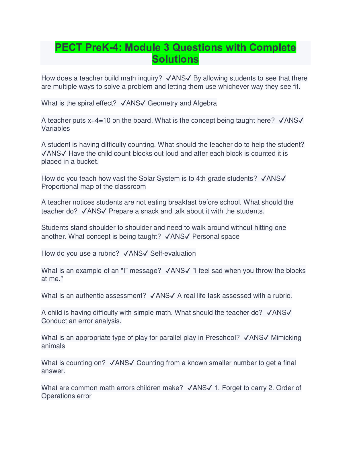 PECT PreK-4: Module 3 Questions with Complete Solutions - Scholarfriends