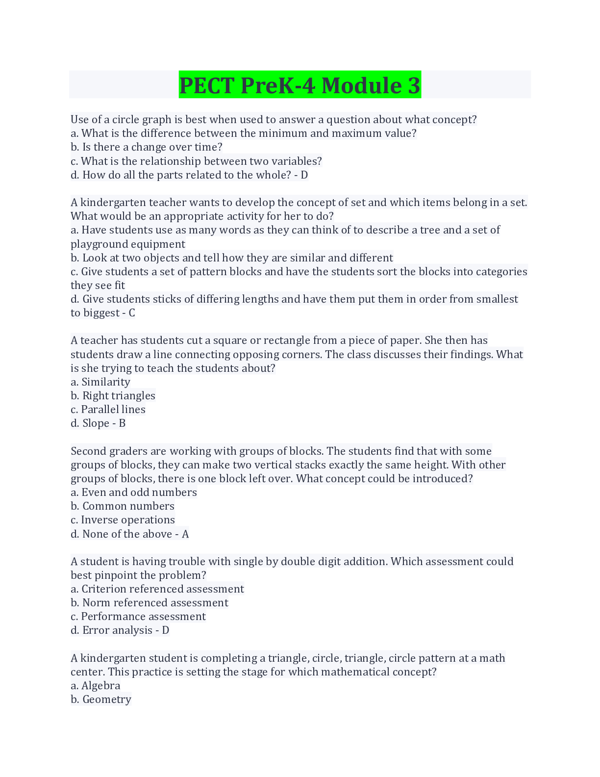 PECT PreK-4 Module 3 Questions And Answers With Complete Solution ...