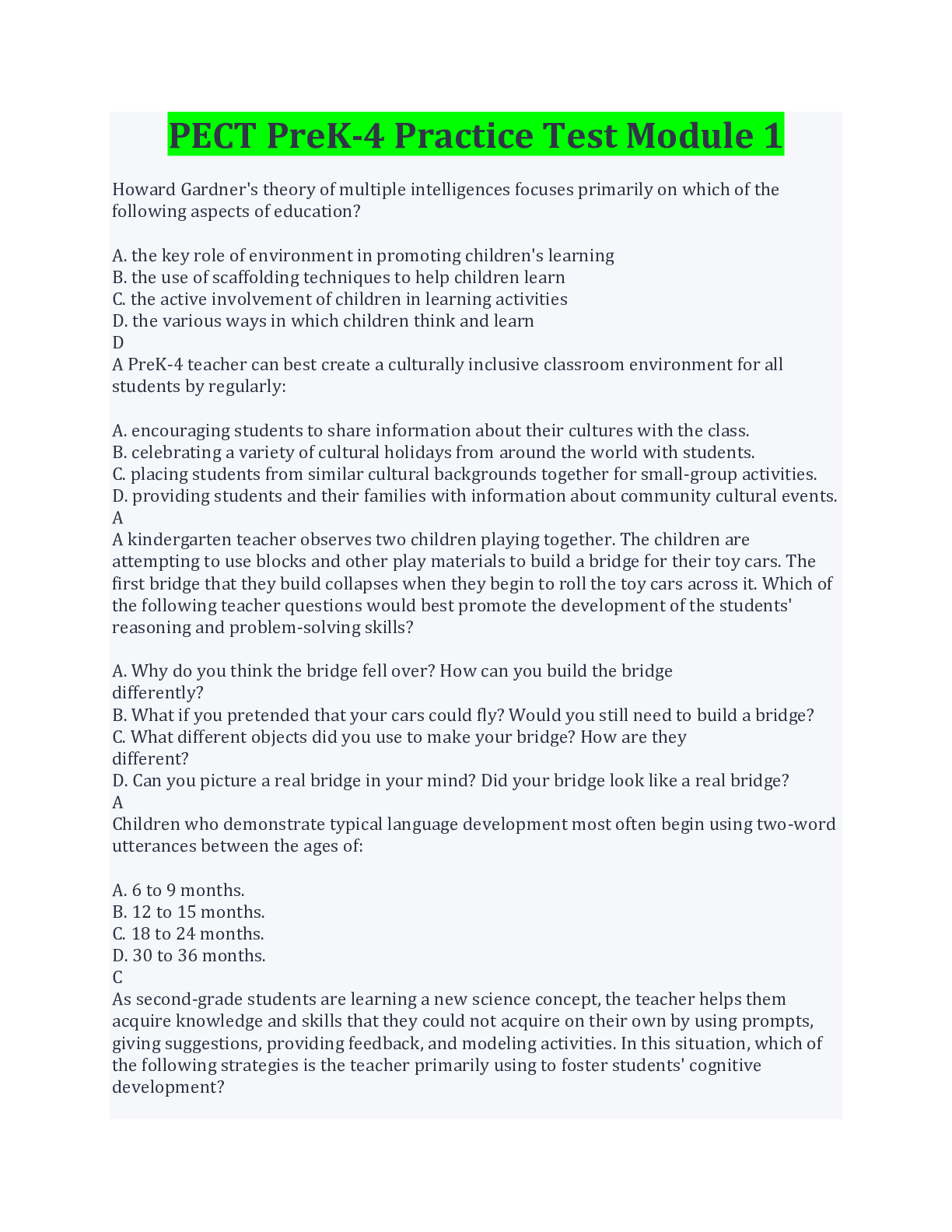 PECT PreK-4 Practice Test Module 1 Questions And Answers/ Download ...