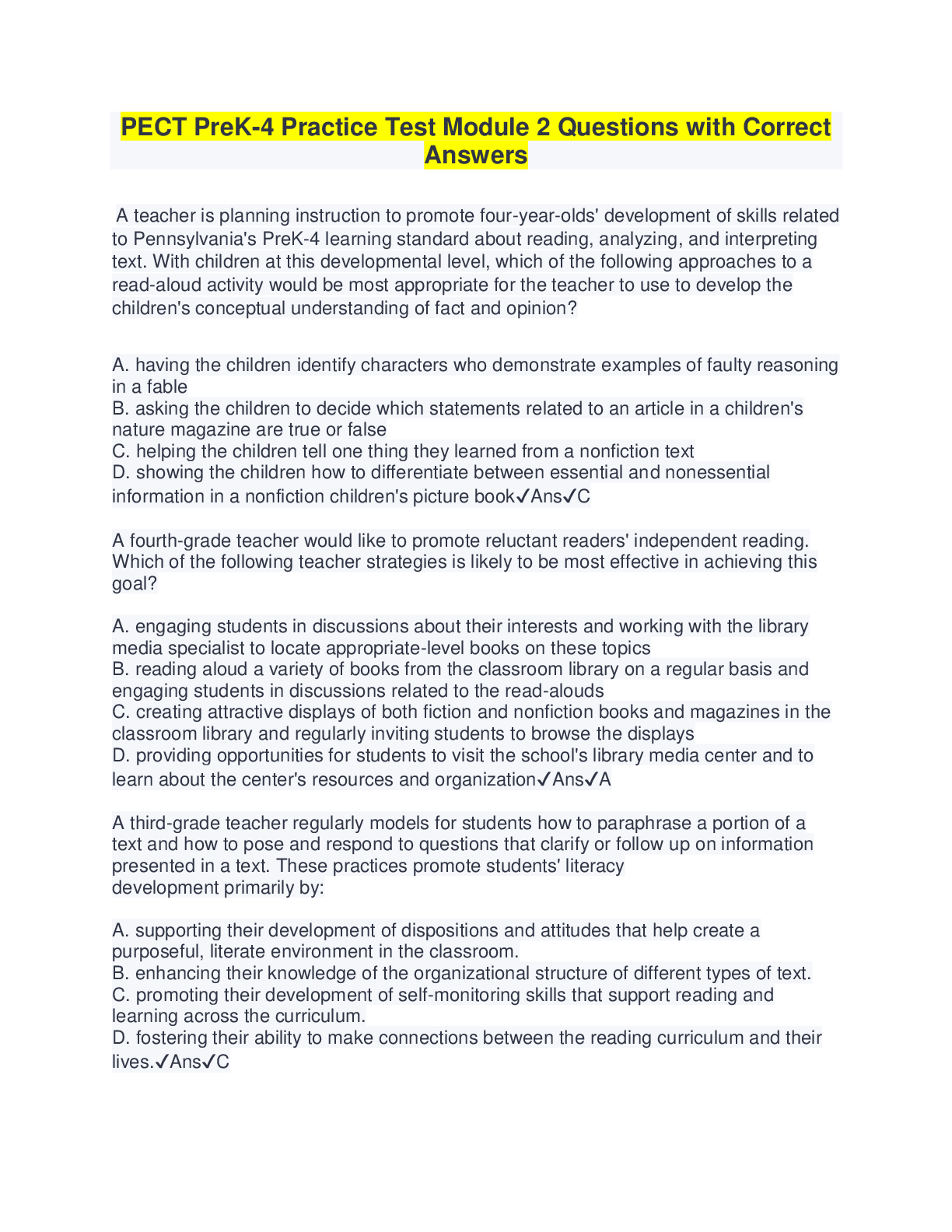 PECT PreK-4 Practice Test Module 2 Questions with Correct Answers ...