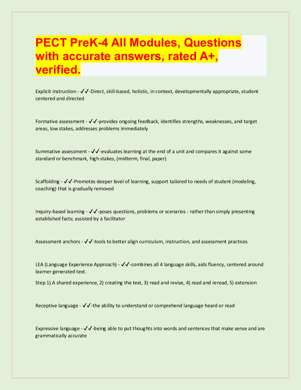 PECT PreK-4 All Modules, Questions with accurate answers, rated A+ ...