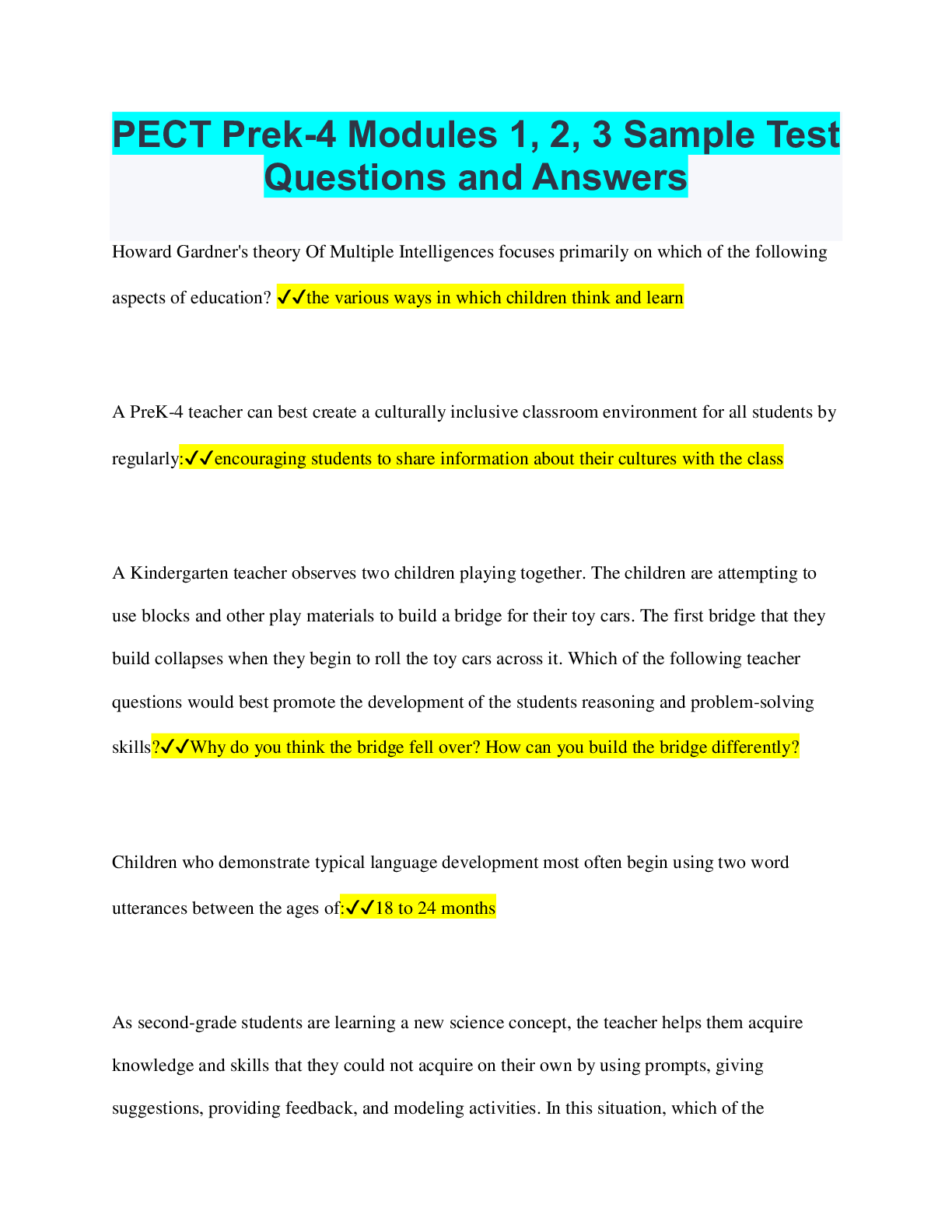 PECT Prek-4 Modules 1, 2, 3 Sample Test Questions and Answers ...