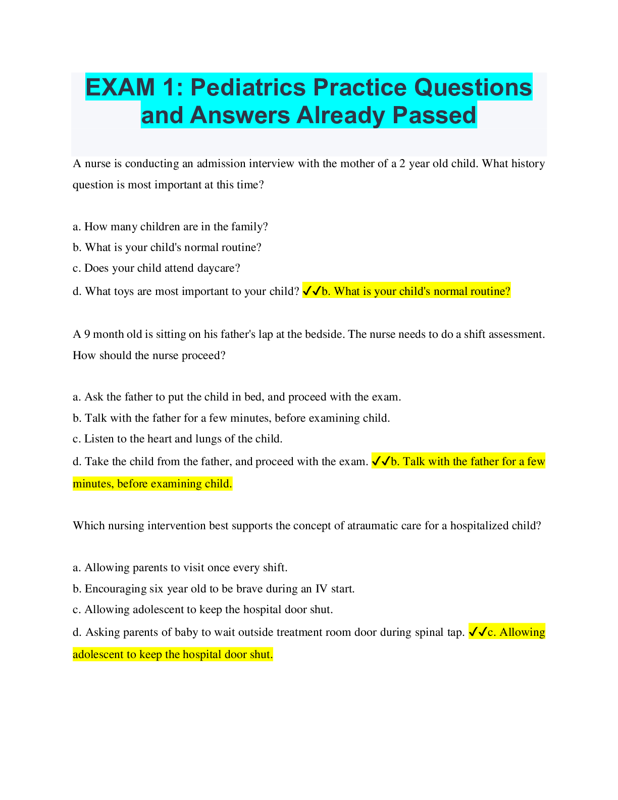 EXAM 1: Pediatrics Practice Questions and Answers Already Passed ...