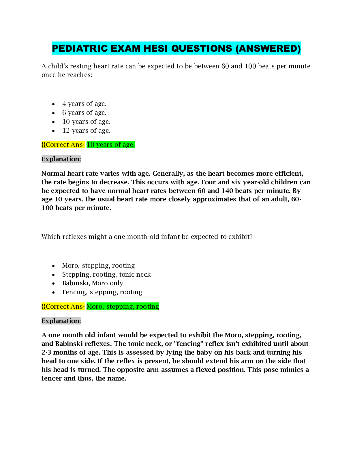 PEDIATRIC EXAM HESI Latest QUESTIONS (ANSWERED) with Explanation ...