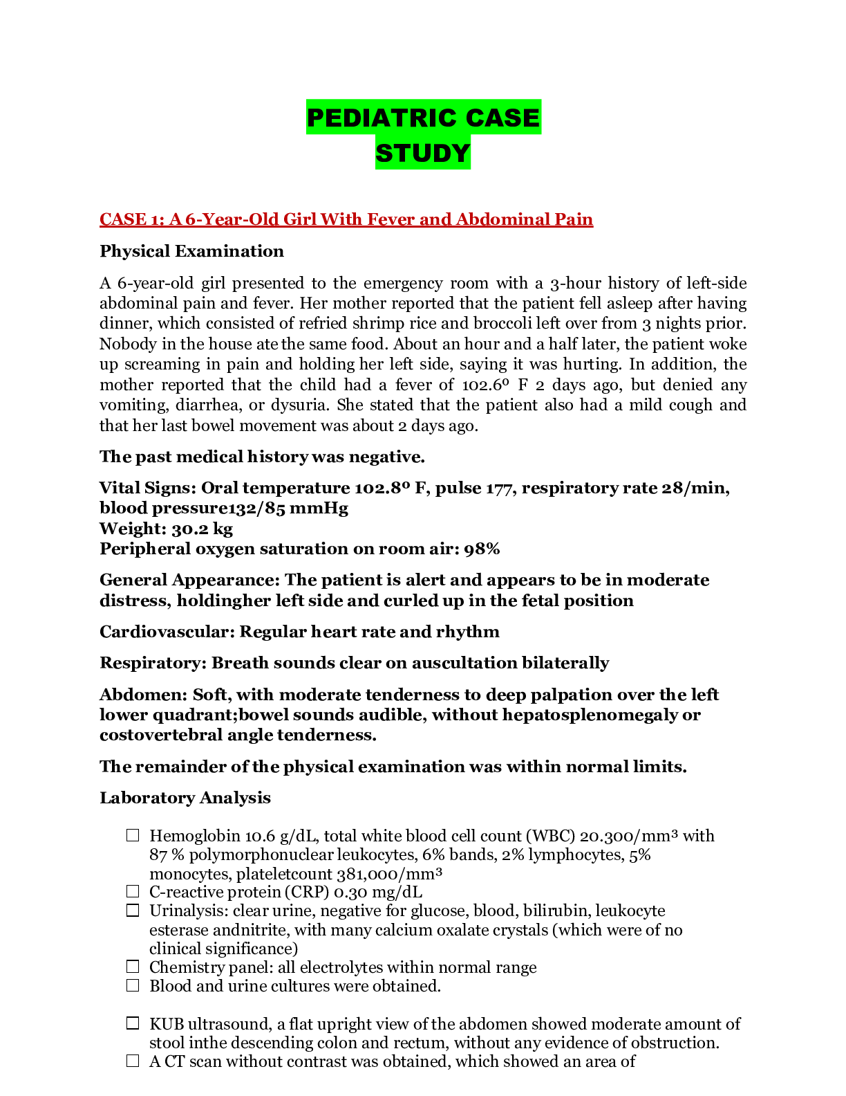 PEDIATRIC Case Studies Case 1 Case 8 Scholarfriends PEDIATRIC Case Studies Case 1 Case 8 Scholarfriends
